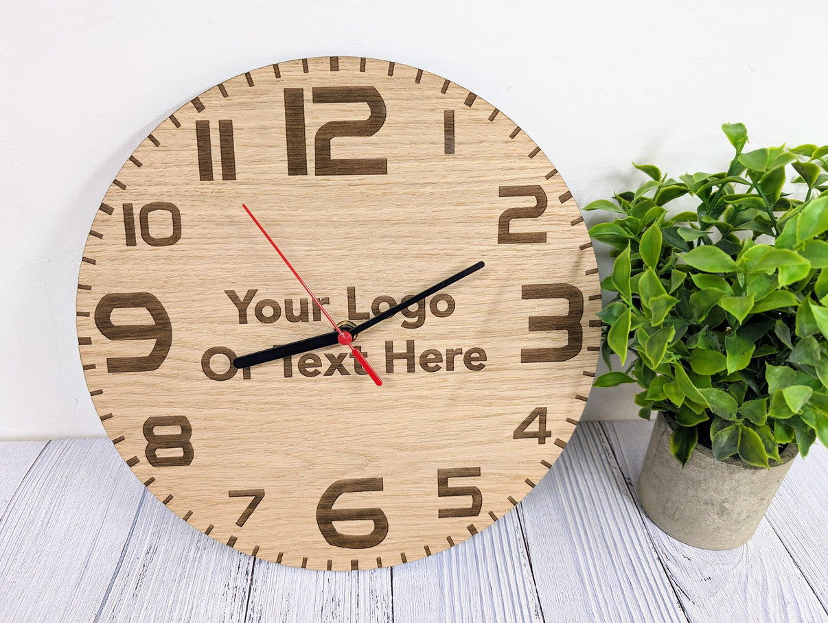 Bespoke Engraved Wooden Clock - Personalised Text & Logo - Personalised ...