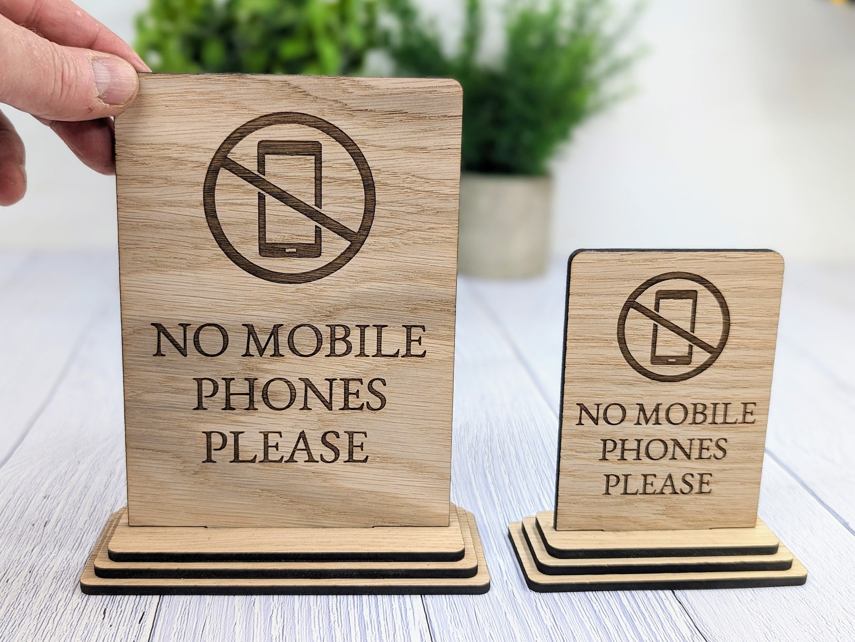 Freestanding "No Mobile Phones Please" Wooden Table Sign, Oak Finish ...